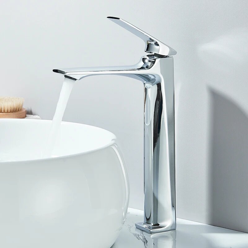 Современная раковина для ванной комнаты Декоративная монтажная смесительная кран с горячей и холодной водой Одноуровневый одноотверстие раковина для умывания и купания 크ран-Хром Высокий