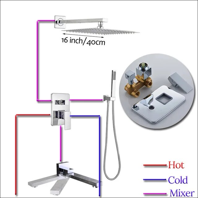 Набор для душевой кабины Rozin со стеновой установкой и дождевым напором, хромированный, скрытая система для ванной комнаты, 16-дюймовый головка с поворотным краном для ванны, смесительный кран - 16 дюймов, 3 пути B