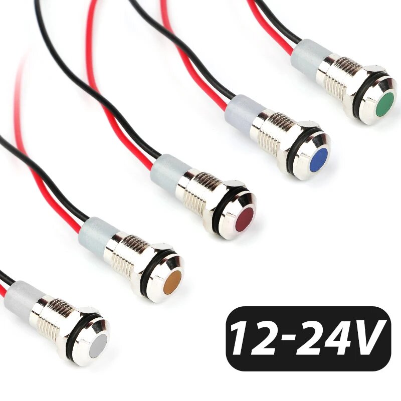 Светодиодные индикаторы 8 мм, 12-24V, 5 шт, разные цвета