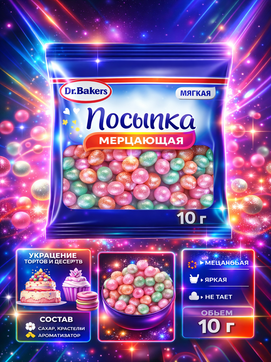 Посыпка кондитерская DR.BAKERS Мерцающая, 10г x 5 упаковок