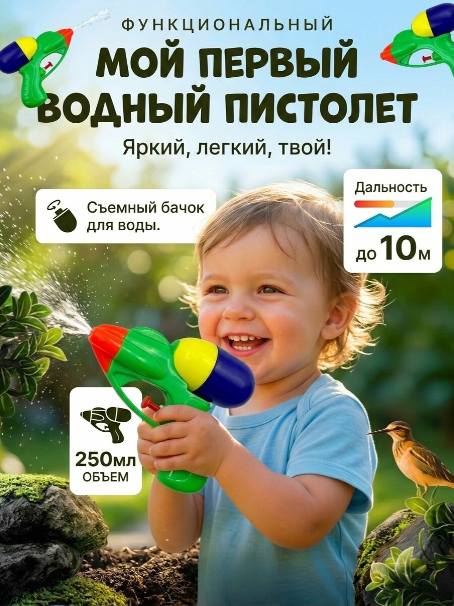 Водный пистолет для детей со съемным бачком, водное оружие для малышей в ванную и на пляж, игрушка брызгалка 13 см
