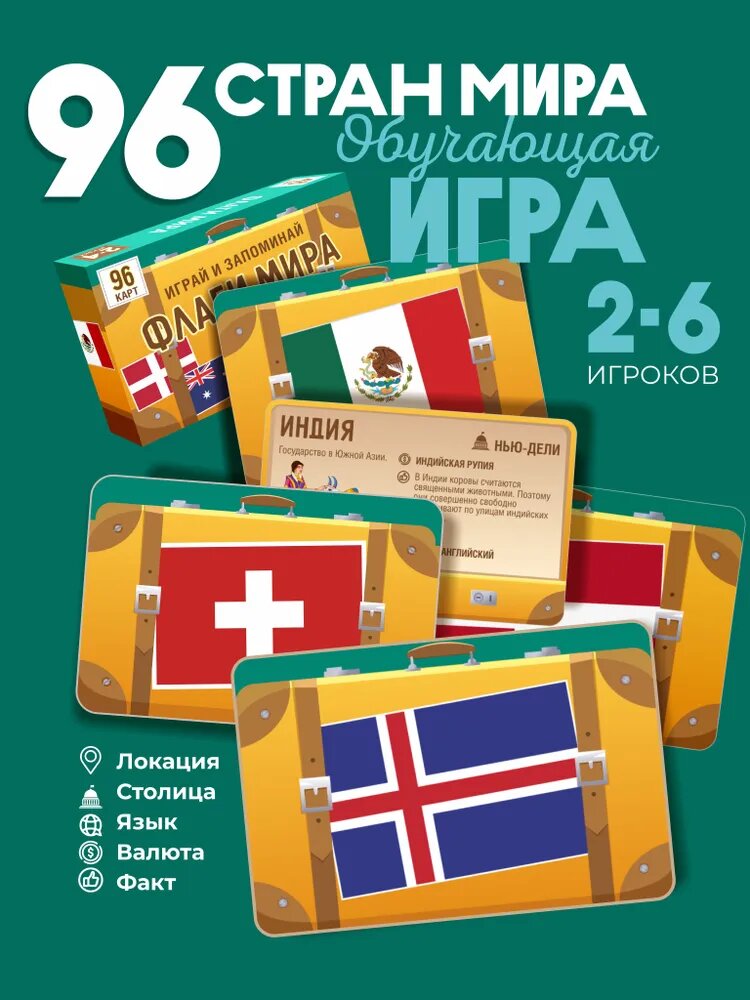 Познавательная карточная игра Флаги и столицы мира для детей и взрослых; Настольные игры для детей; 96 стран