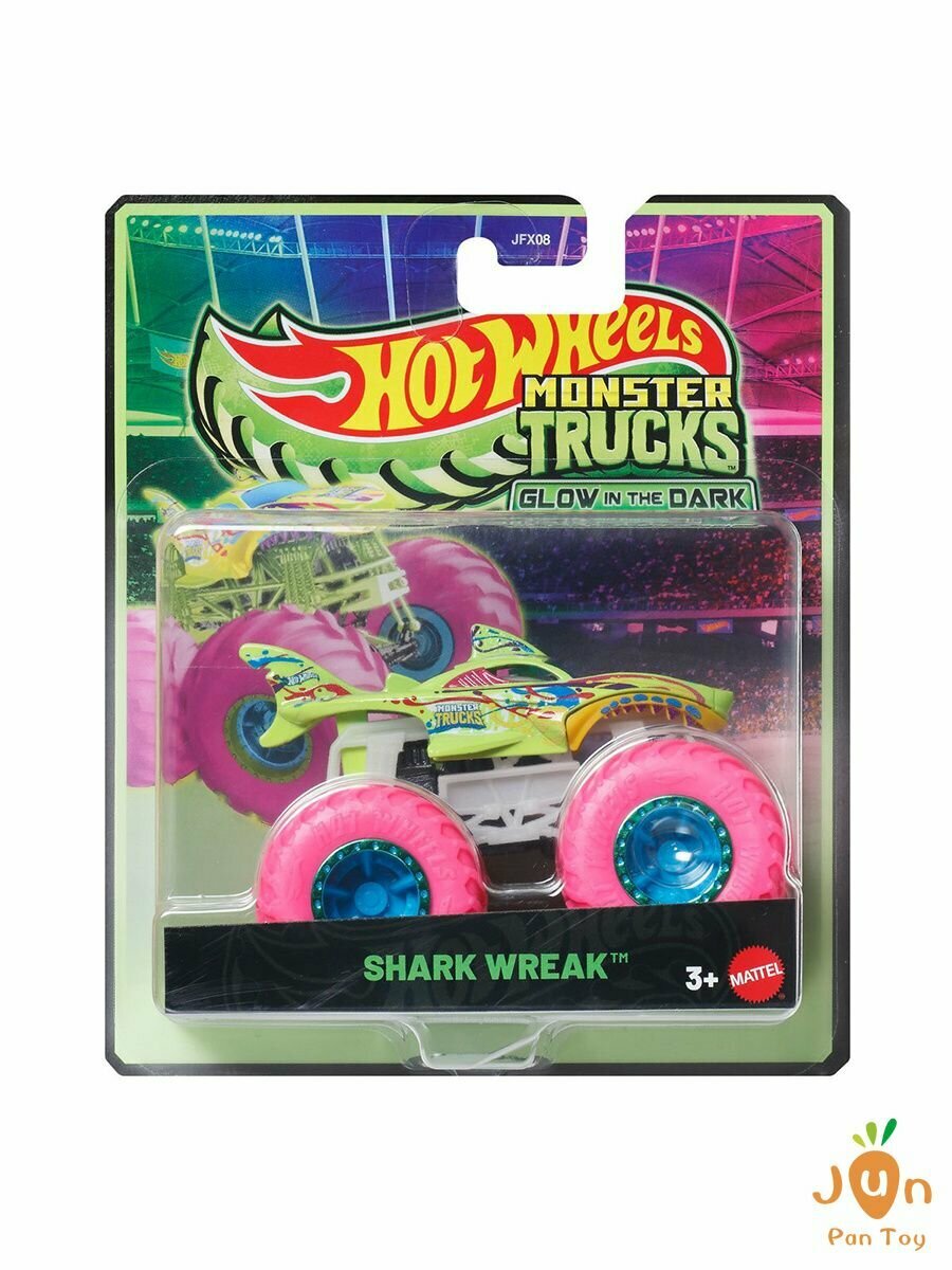 Mattel Monster Trucks Glow in the Dark Shark Wreak / Автомобильные игрушки, соотношение 1:64, привлекательная флуоресцентная зеленая цветовая гамма, подходят в качестве коллекционного подарка