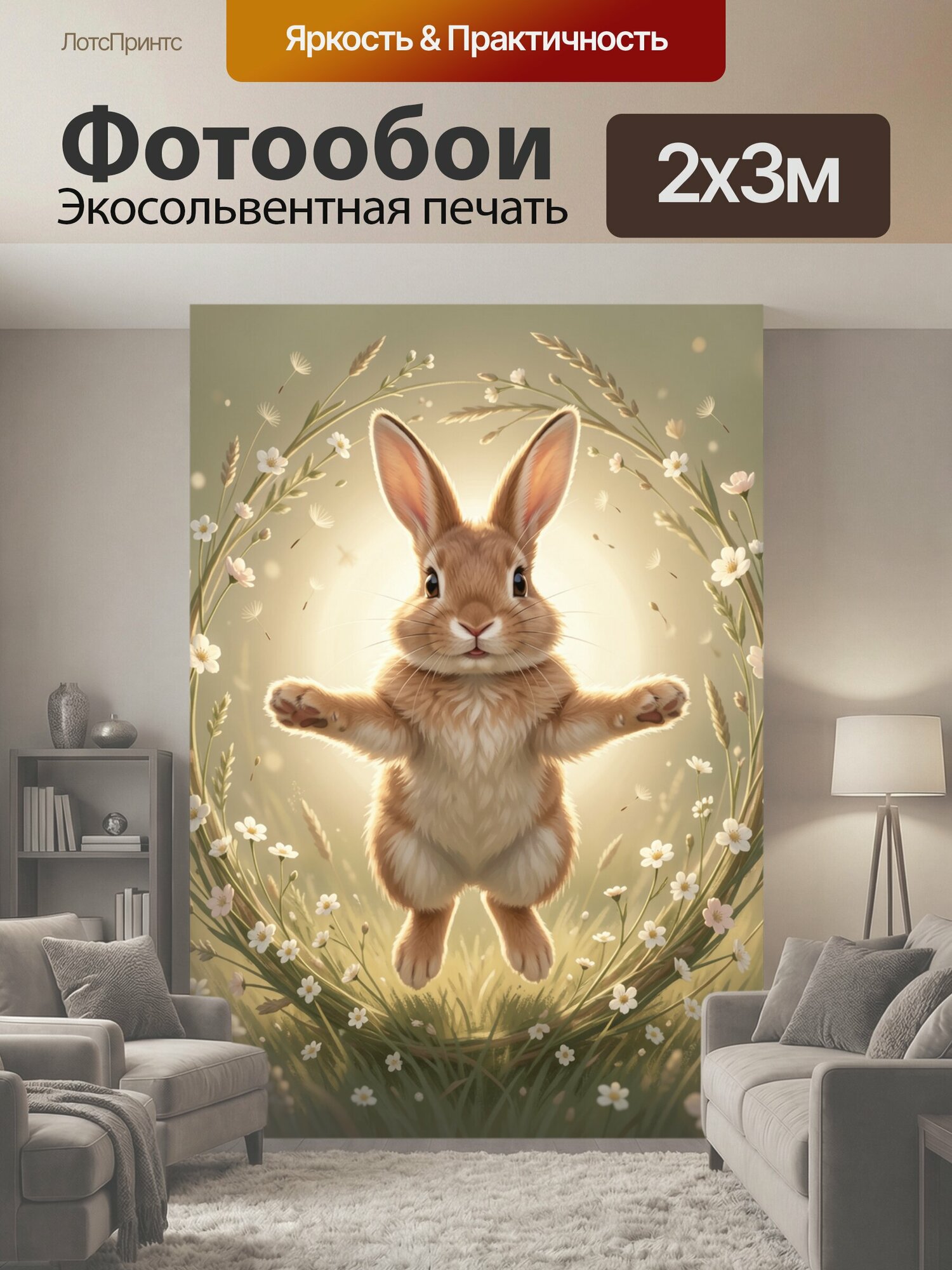 Фотообои "Пушистый зайчонок в цветочном венке. Милый кролик с распахнутыми лапками в сиянии мягкого света, вокруг нежный венок из полевых трав." 200x300 см. экосольвентная печать