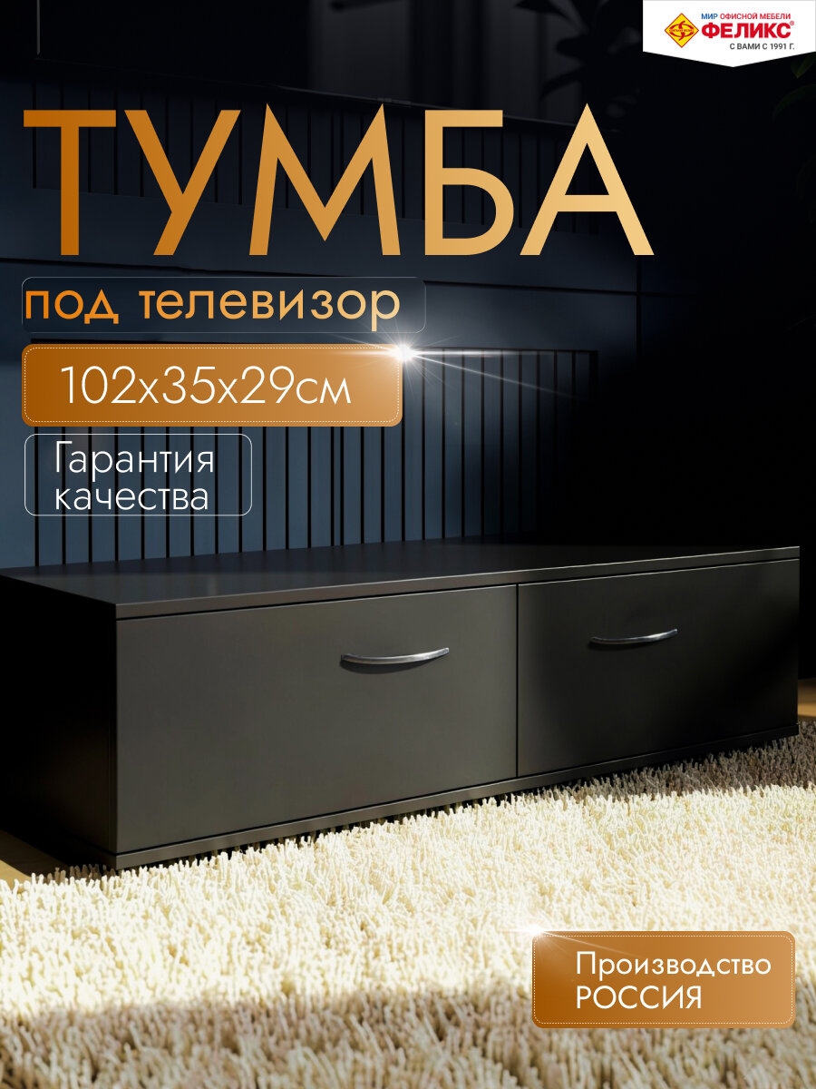 Тумба под телевизор напольная черная в стиле Лофт, 102х35х29 см, Феликс