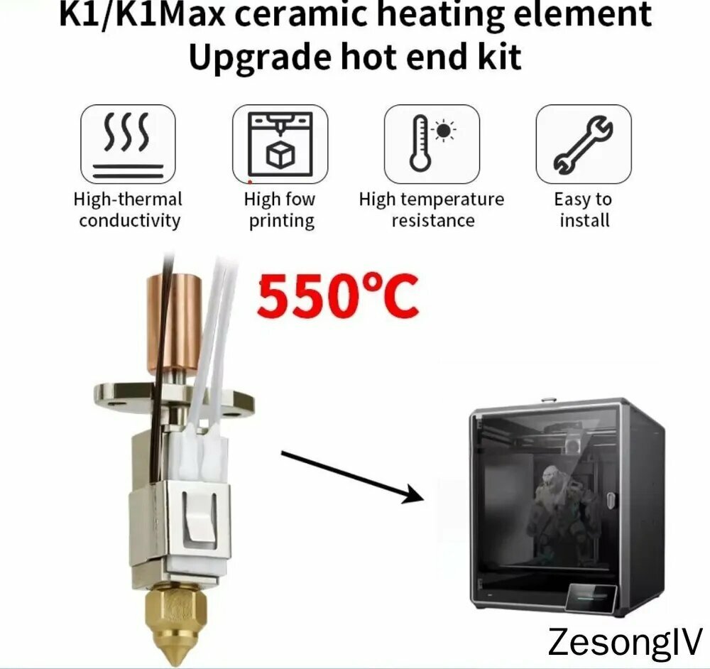Модернизированный комплект хотэнда для Creality K1, K1 Max и CR-M4 керамический нагревательный блок, сопло 0,4 мм, поддержка PLA ABS PETG TPU PP PC и композитных филаментов