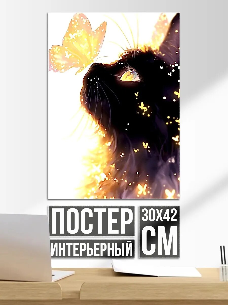 Плакат постер Черный кот и бабочки