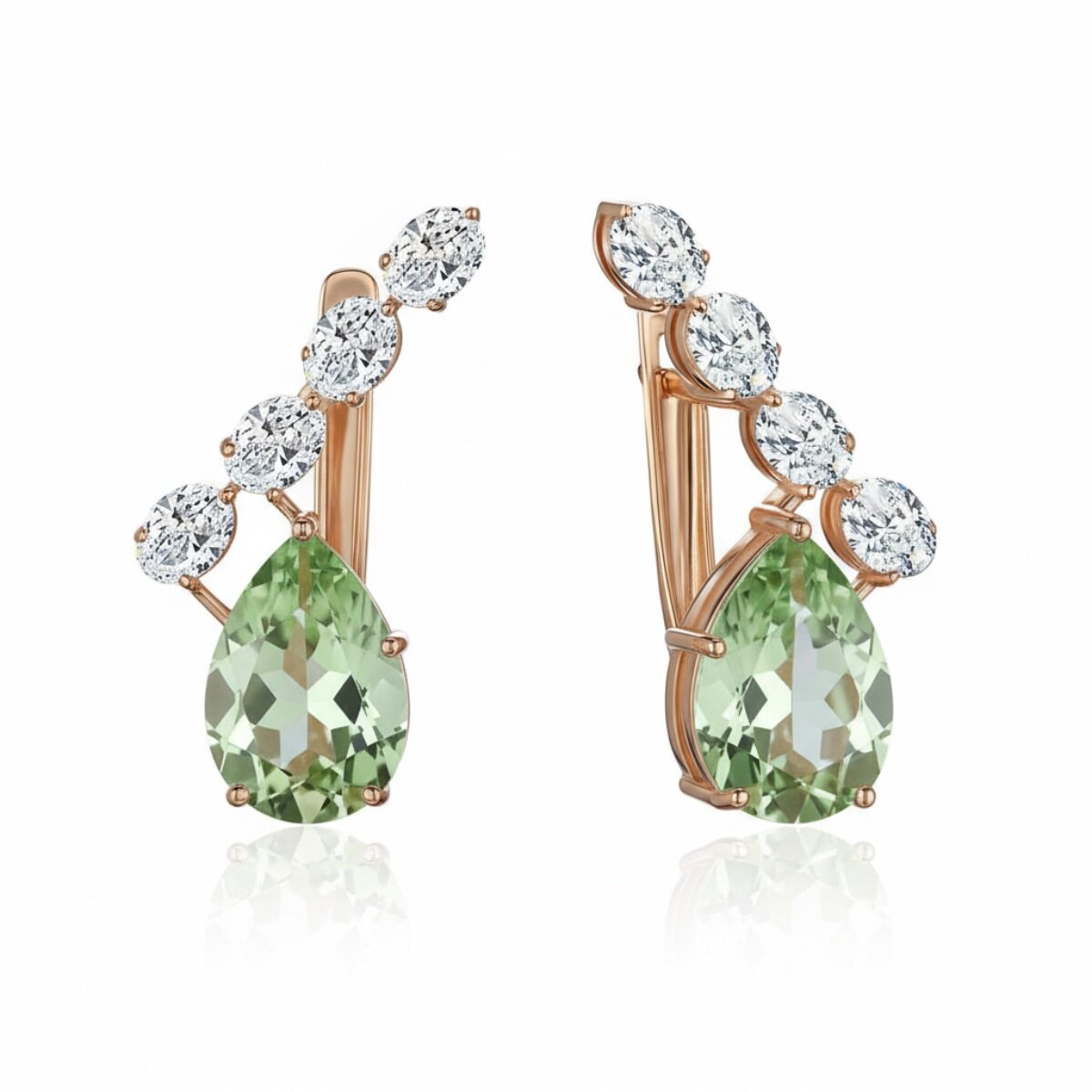 Серьги, золото, 585 проба, фианит, празиолит