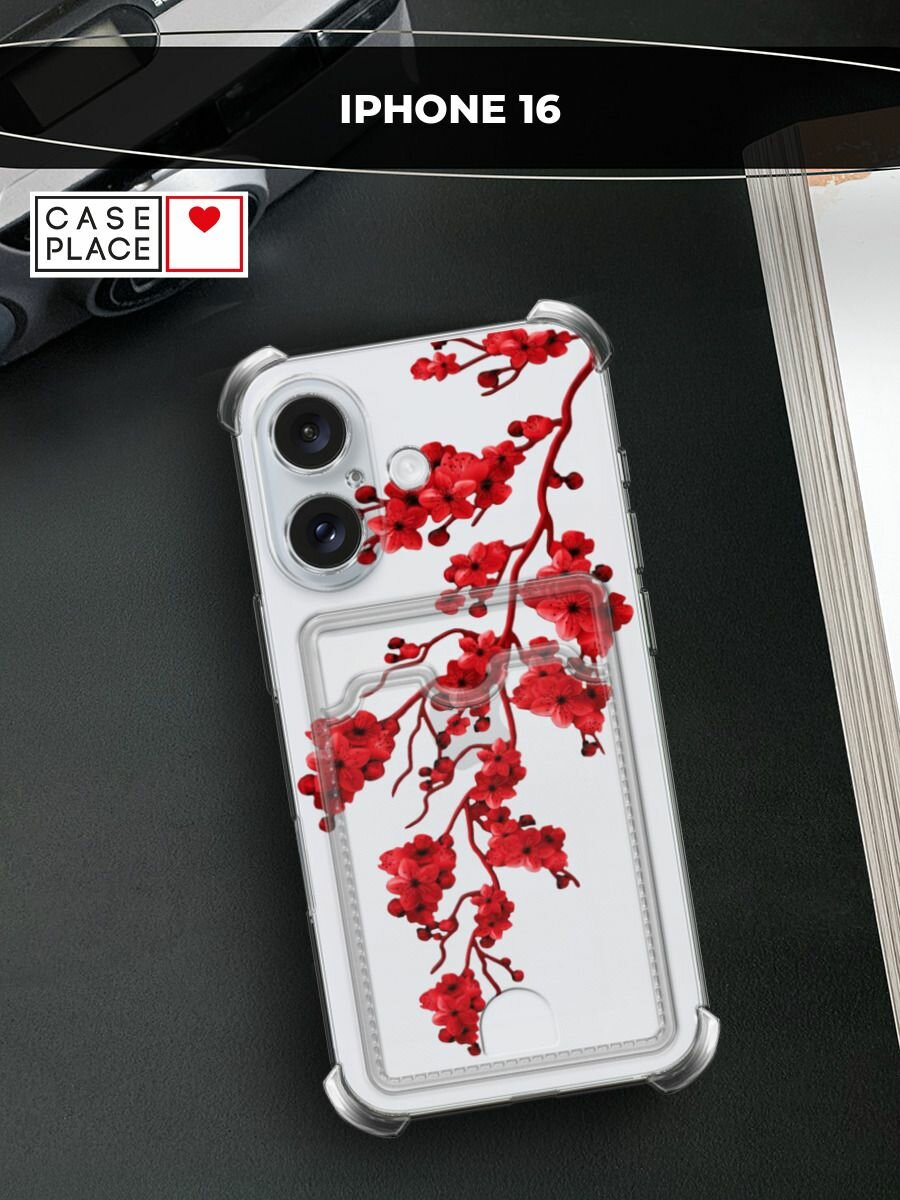 Чехол на Apple iPhone 16 (Айфон 16) с картой и принтом Красная веточка сакуры