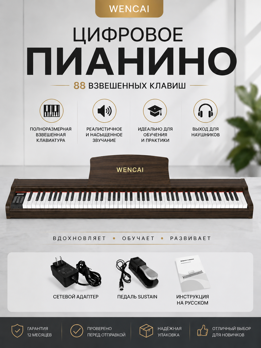 Цифровое пианино WENCAI BL-280, 88 клавиш, полувзвешенная клавиатура, Bluetooth, USB/MIDI, для обучения и дома