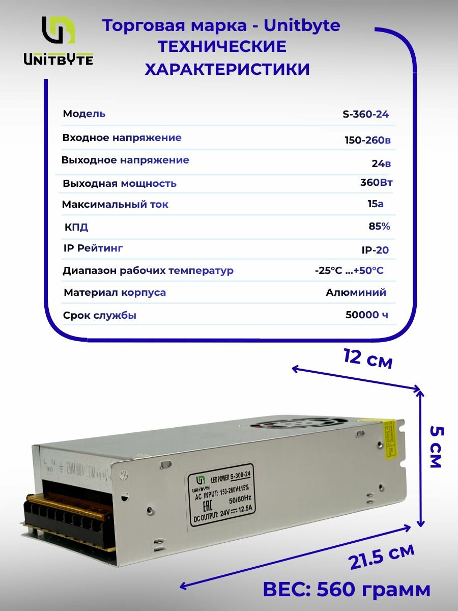 Блок питания S/24V/360W/15.0A/IP20 — фото 1