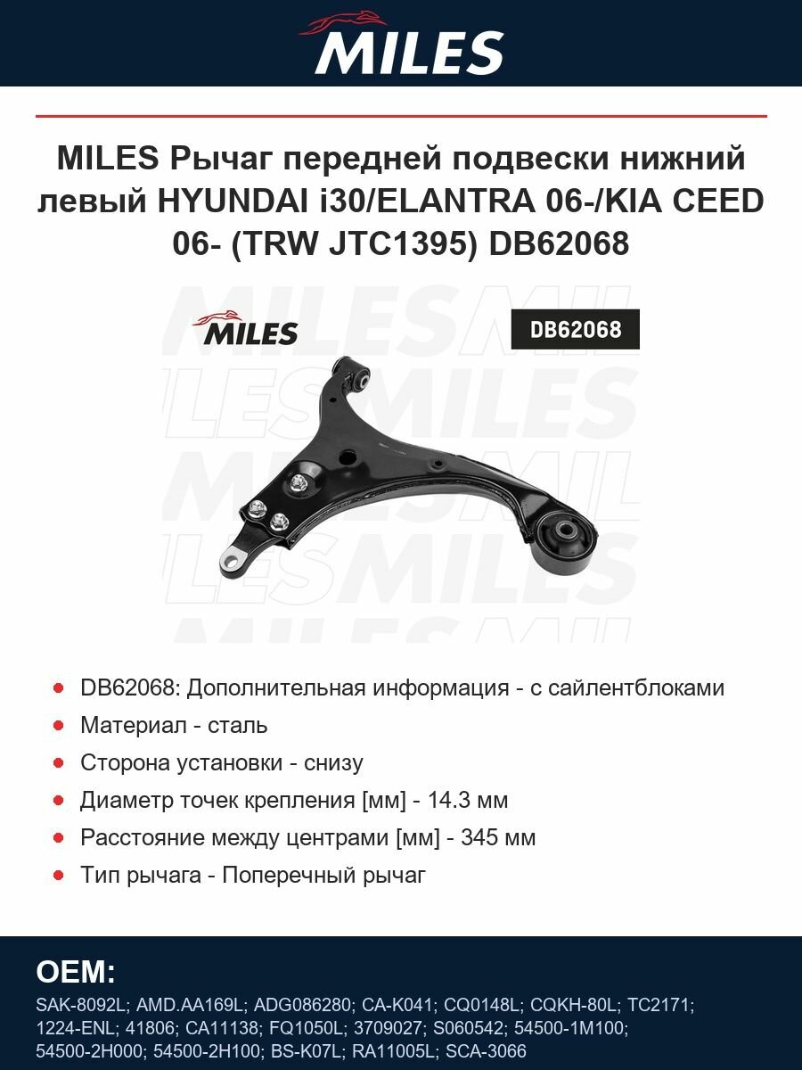 MILES Рычаг передней подвески нижний левый HYUNDAI i30/ELANTRA 06-/KIA CEED 06- (TRW JTC1395) DB62068