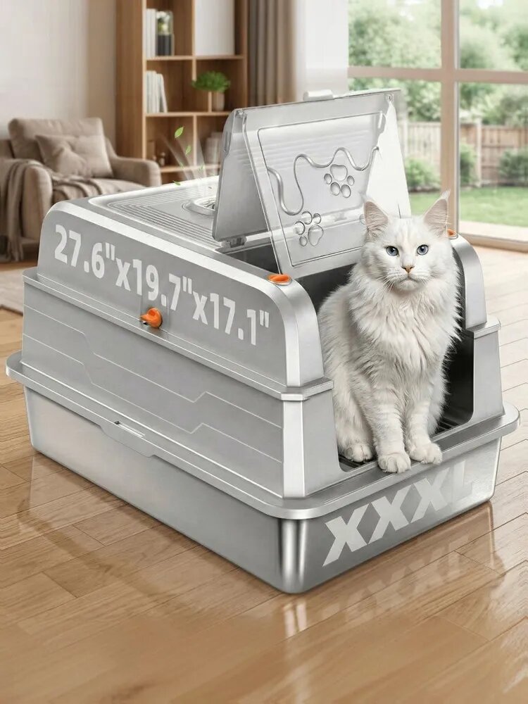 Туалет для кошек XXXL 70x50x42см из нержавеющей стали для мейн-кунов и крупных пород, закрытый лоток с высокими бортами, металлический, защита от запаха