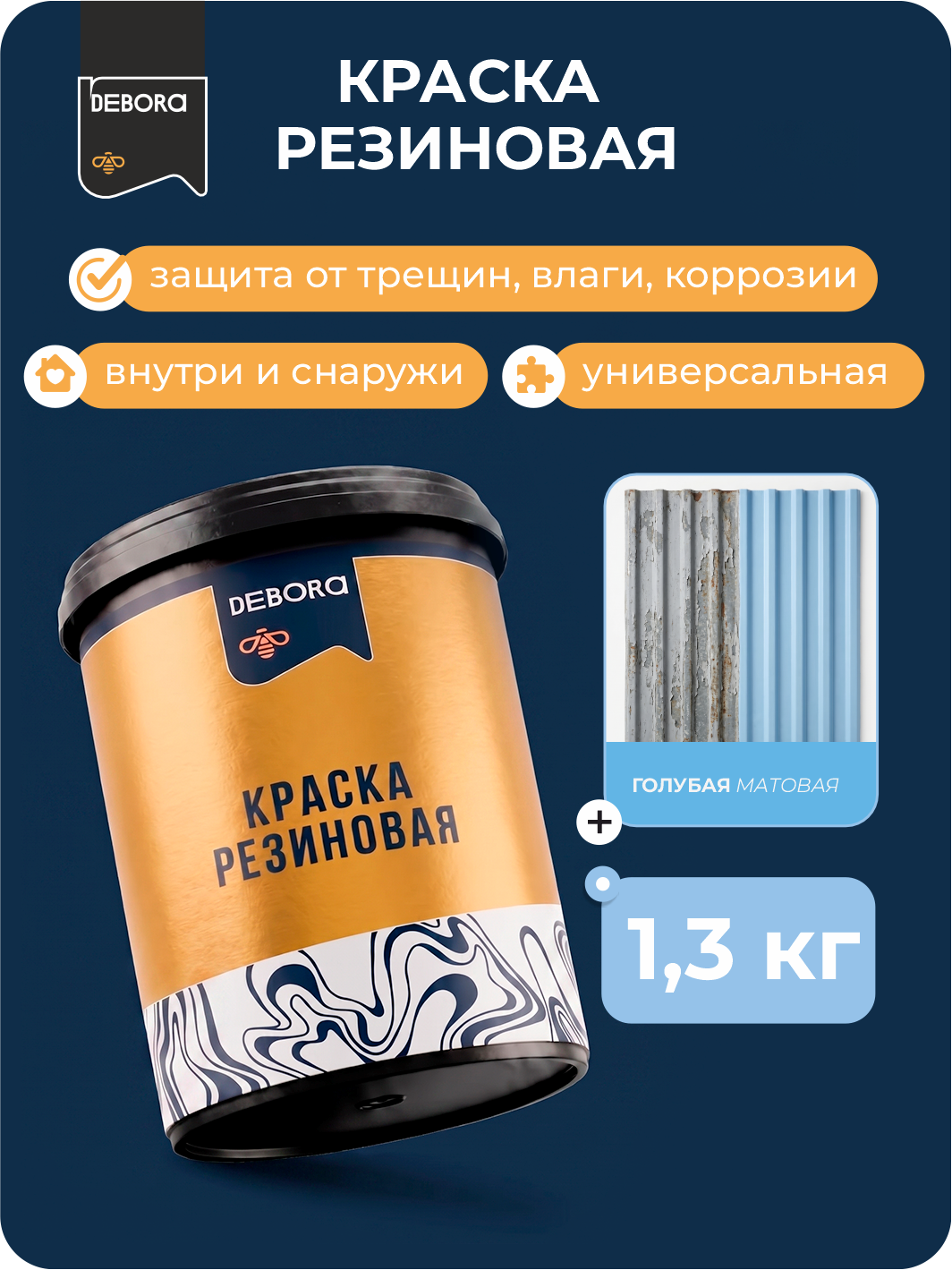 Краска резиновая, влагостойкая, DEBORA - 1,3 кг. (голубой, без запаха)