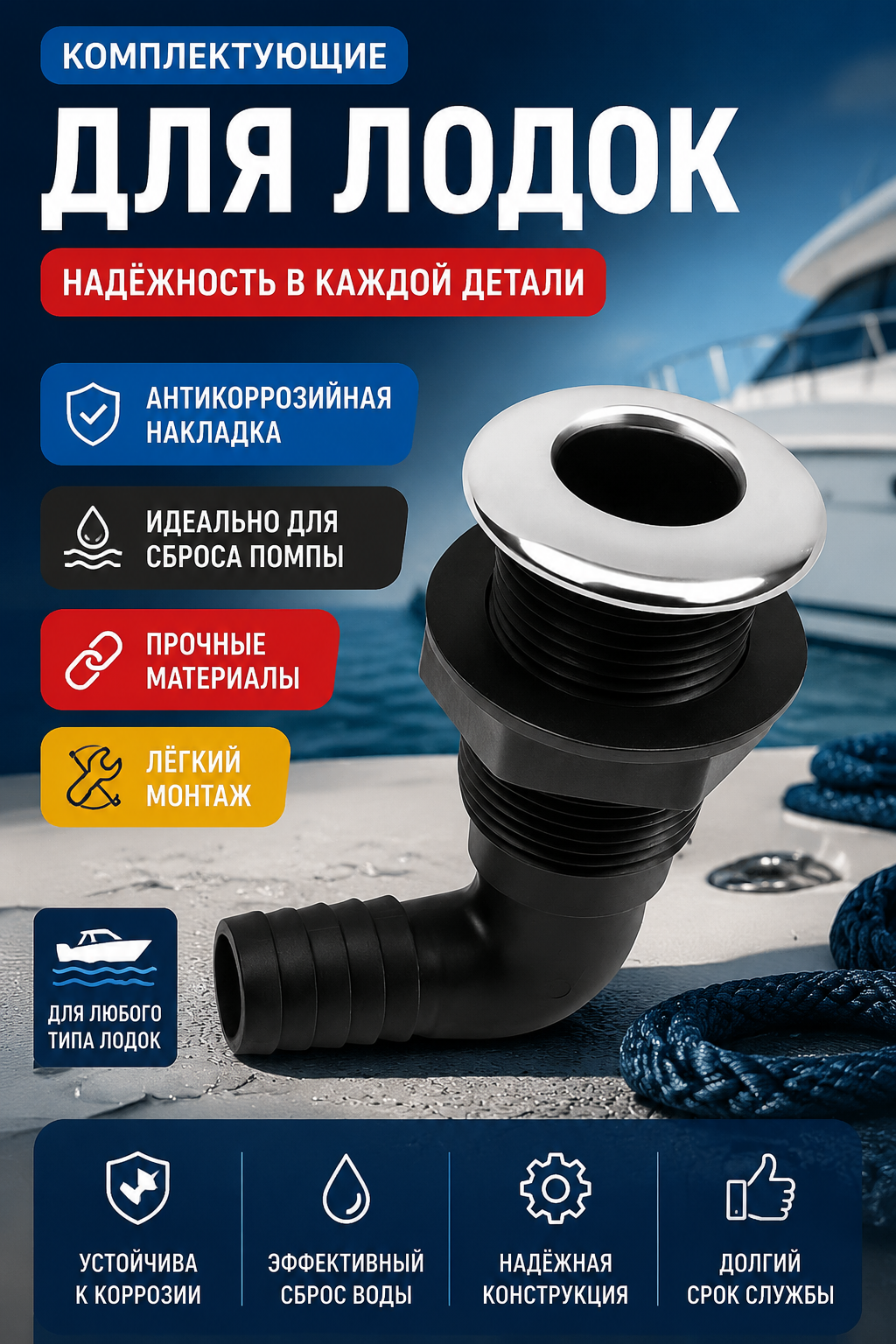 Сифон для лодок черный с антикоррозийной накладкой, для сброса помпы, фитинг