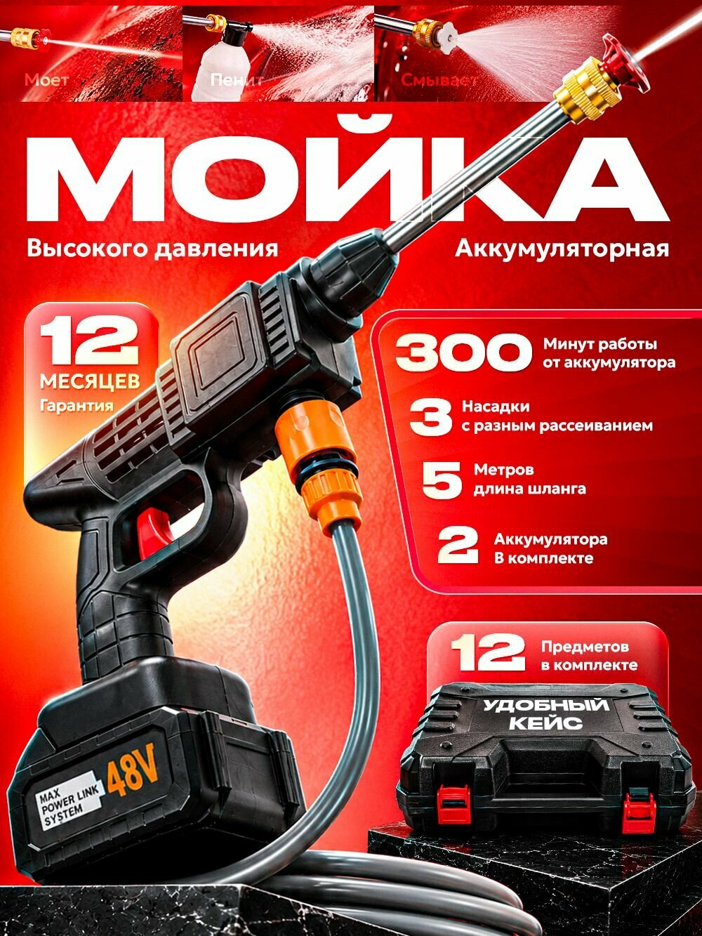 Мойка Высокого Давления аккумуляторная мощная, 2 аккумулятора