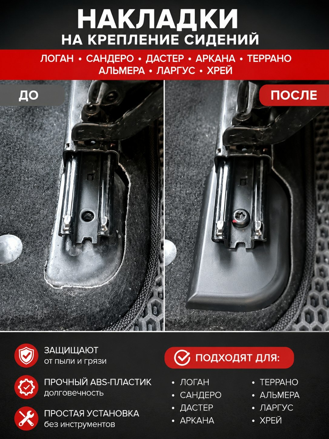 Накладки на крепление сидений Ларгус, Хрей, Логан, Сандеро, Дастер, Аркана, Террано, Альмера.