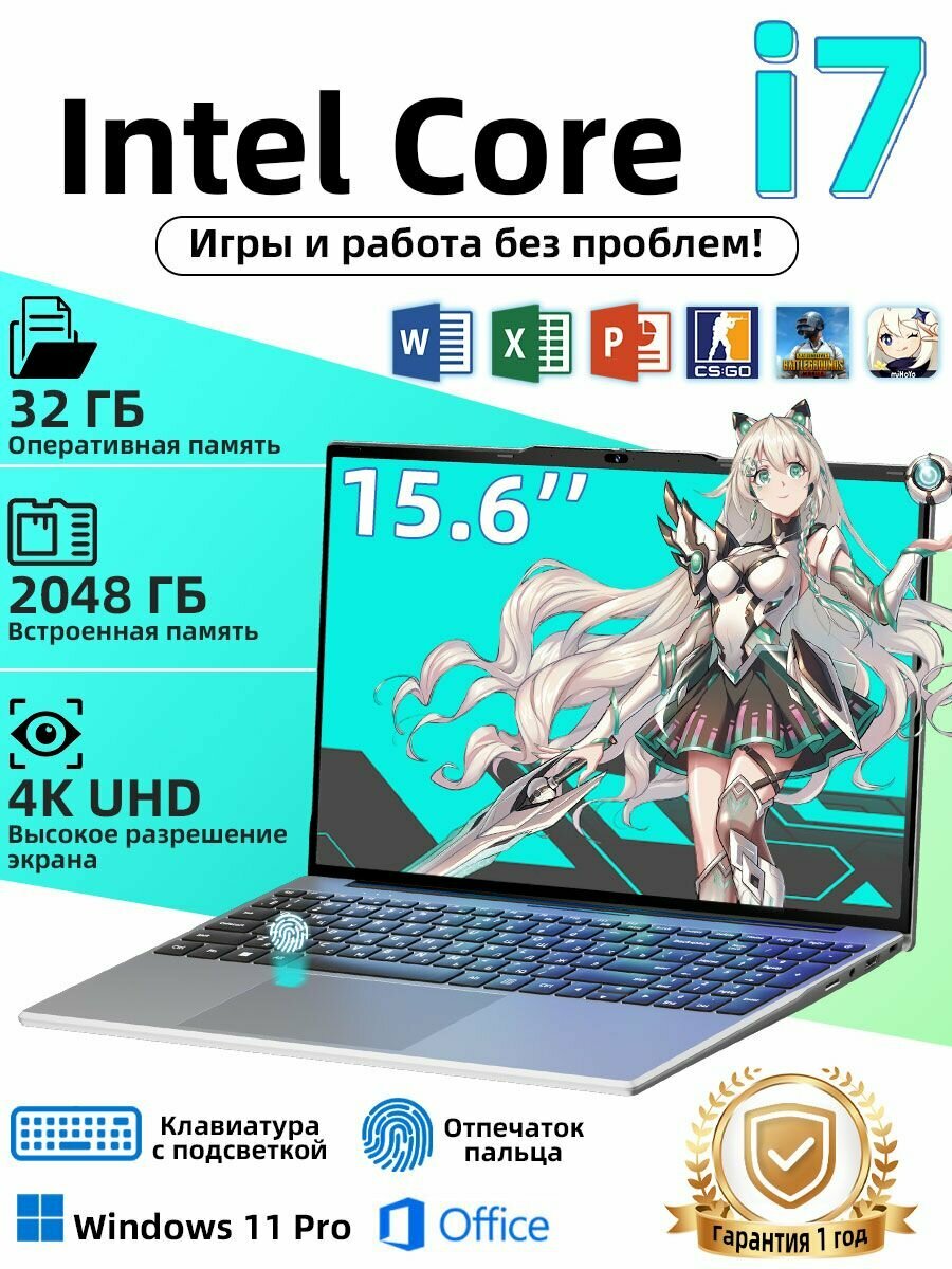 Игровой ноутбук 15.6", Intel Core i7-6500U, RAM 32 ГБ, SSD 2048 ГБ, Windows Pro, серый металлик, Русская раскладка