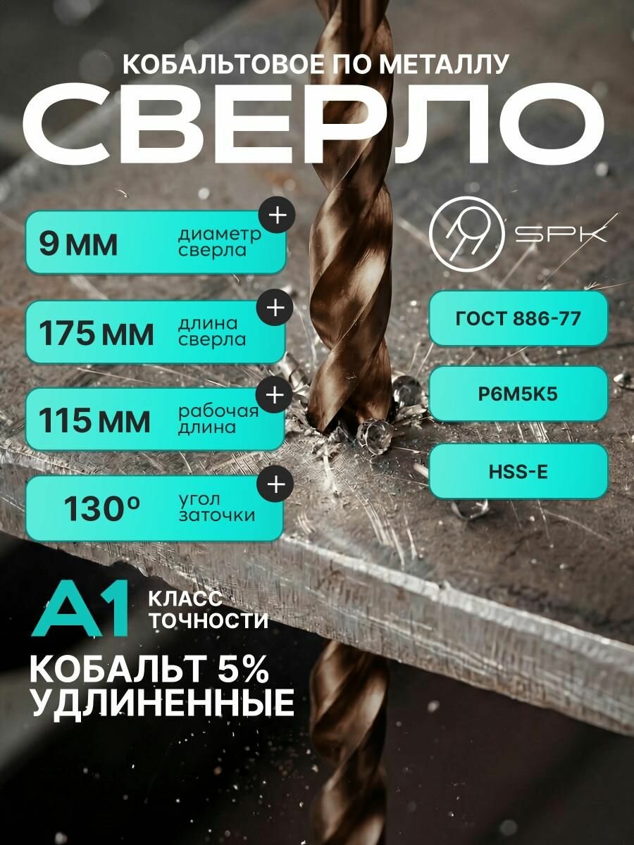 Сверло по металлу кобальтовое 5% удлиненное 9мм