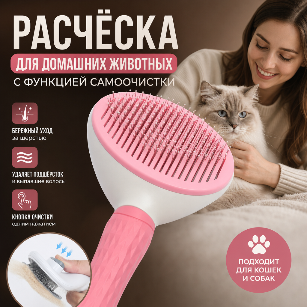 Фурминатор для вычесывания подшерстка кошек и собак, розовый, легко чистить, самоочищающаяся, удаление подшерстка