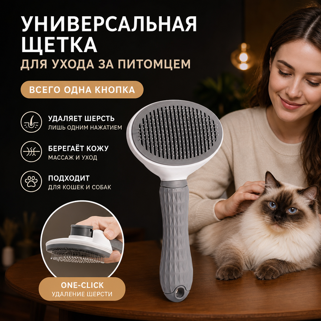Фурминатор для вычесывания подшерстка кошек и собак, серый, комфортный, эргономичный дизайн, удаление подшерстка, массажный эффект