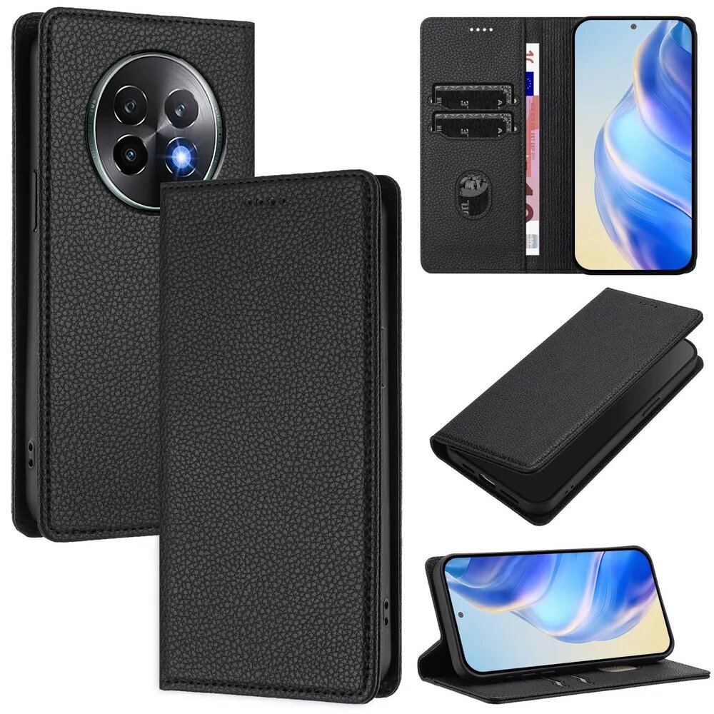 Кожаный книжка чехол для OPPO Realme 13 Plus 5G с визитницей и RFID-блокировкой