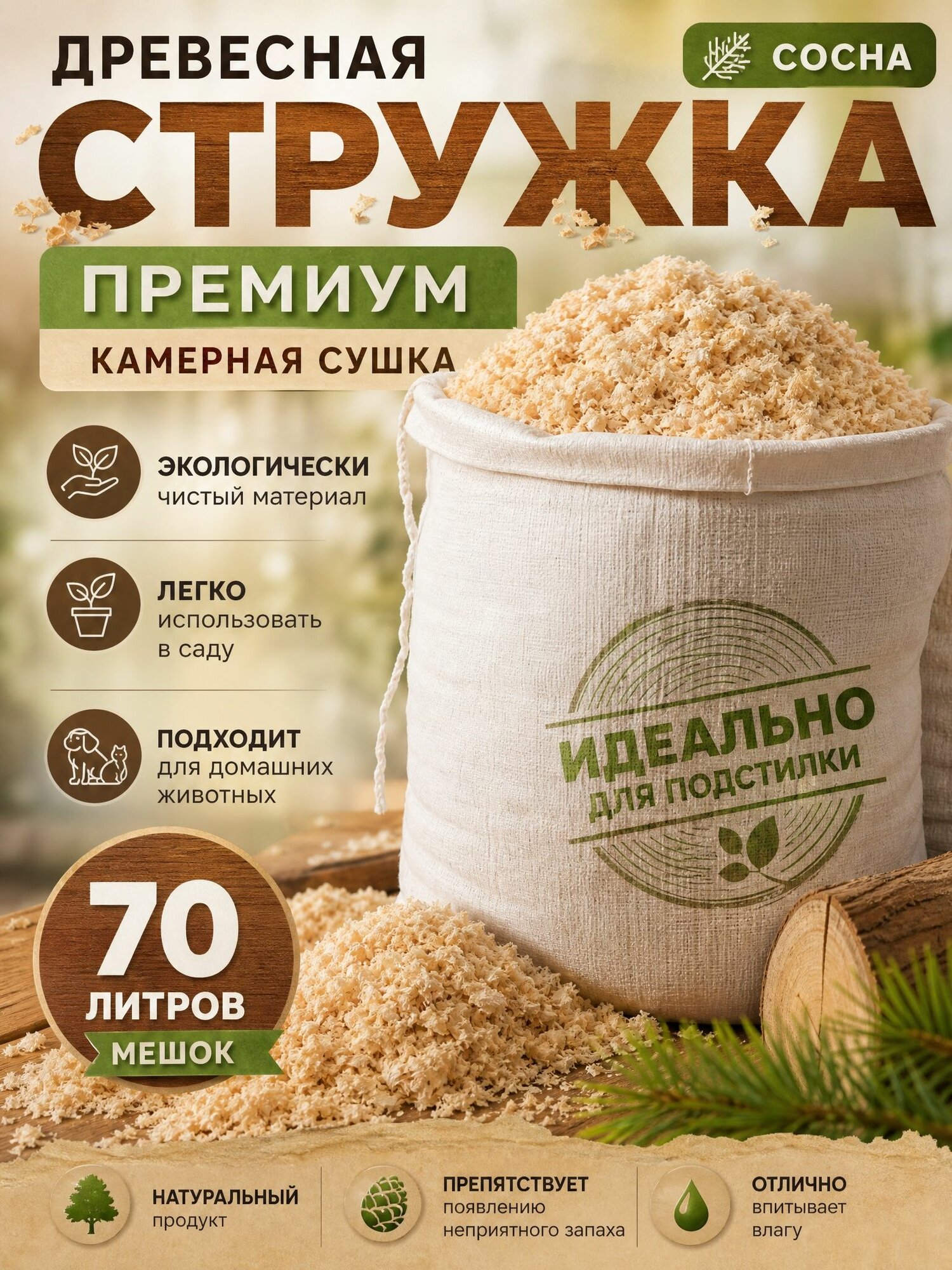 Опилки древесные хвойные сосна стружка, мешок 70л, Камерная сушка
