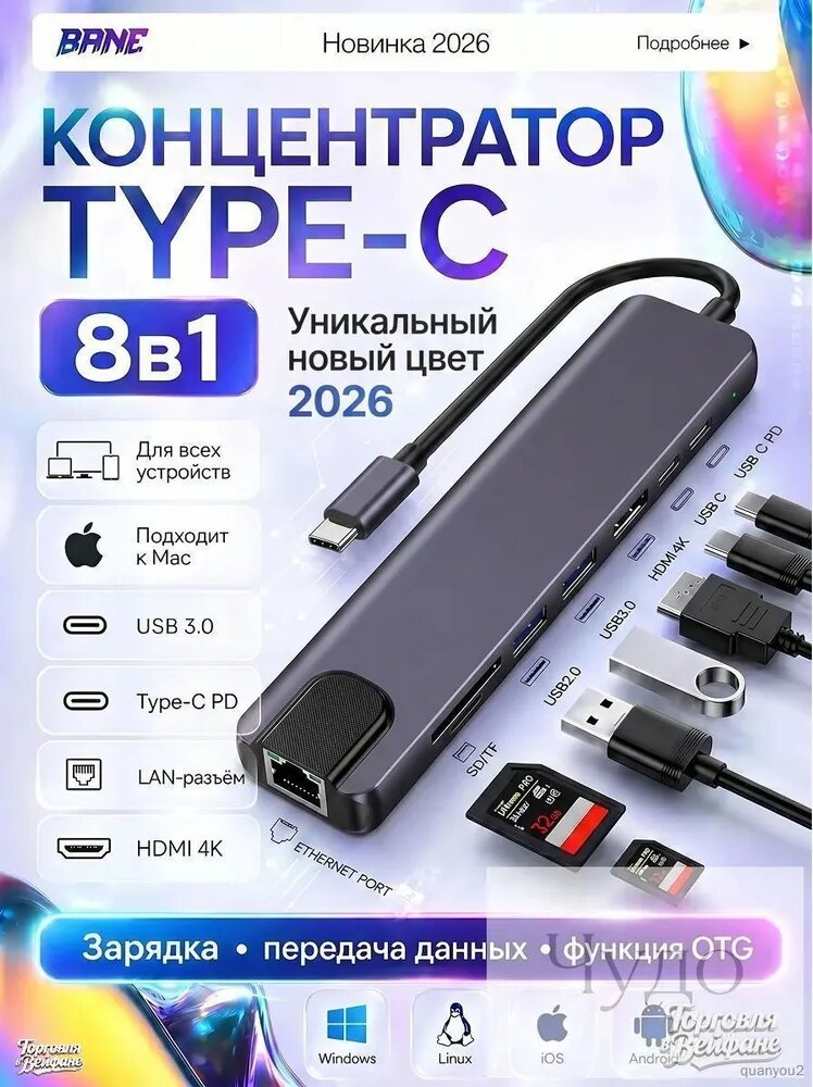Type-C HUB для MacBook / USB разветвитель / HDMI адаптер / RJ-45 адаптер / USB HUB 3.0 / USB 3.0, HDMI, RJ-45, Type-C, PD, SD, Micro SD