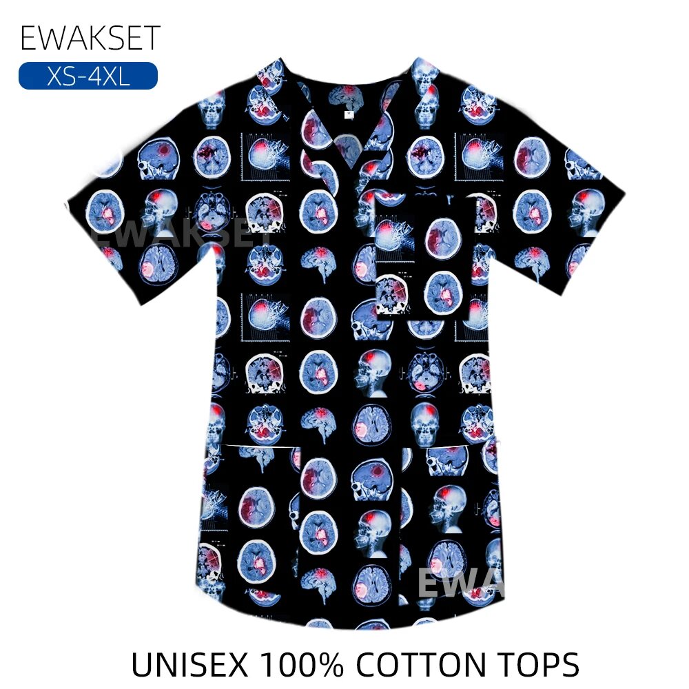 EWAKSET Медицинские блузки с принтом черепа из хлопка M, scrub top 014