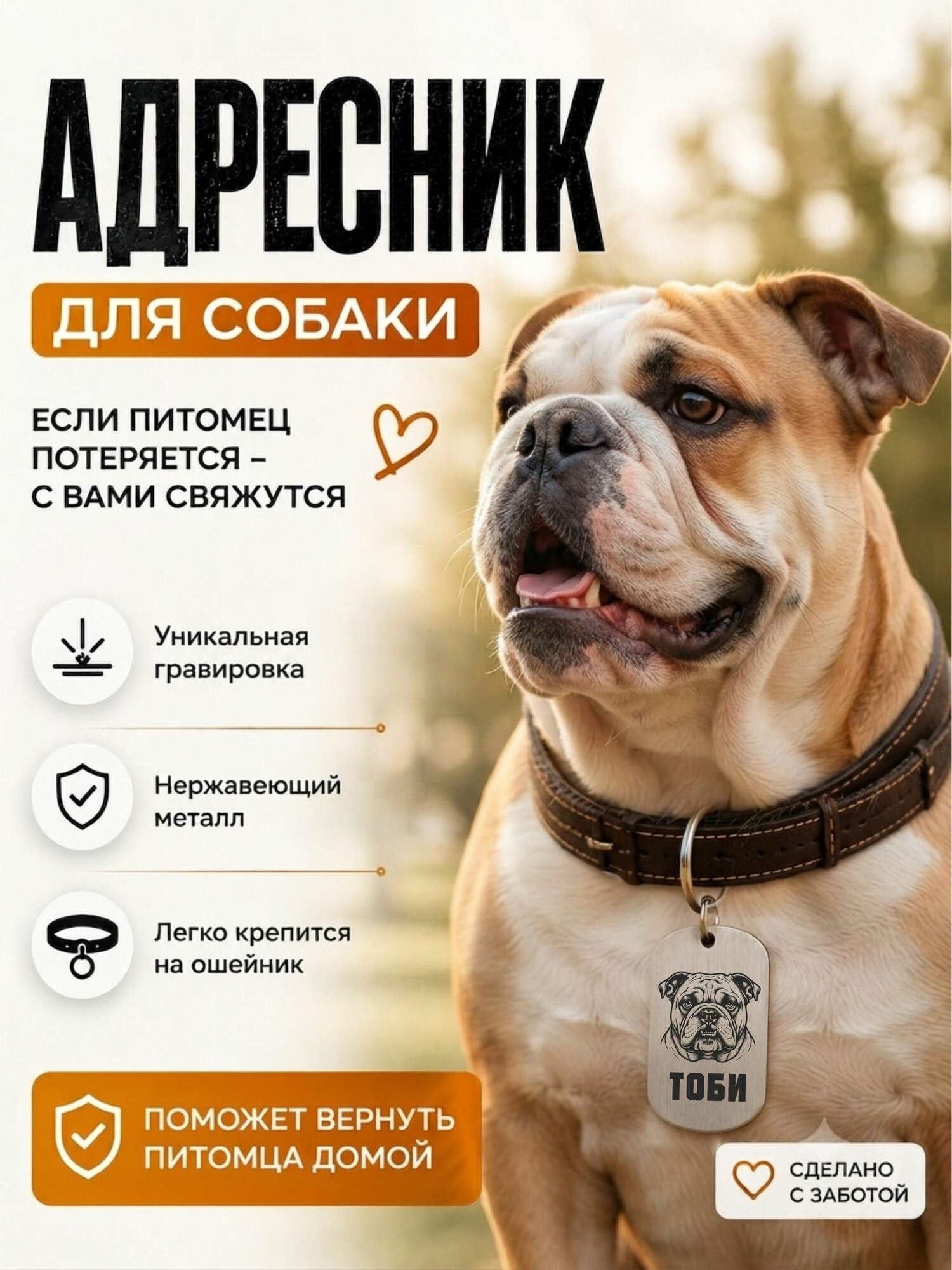 Адресник для собак породы бульдог с гравировкой Тоби