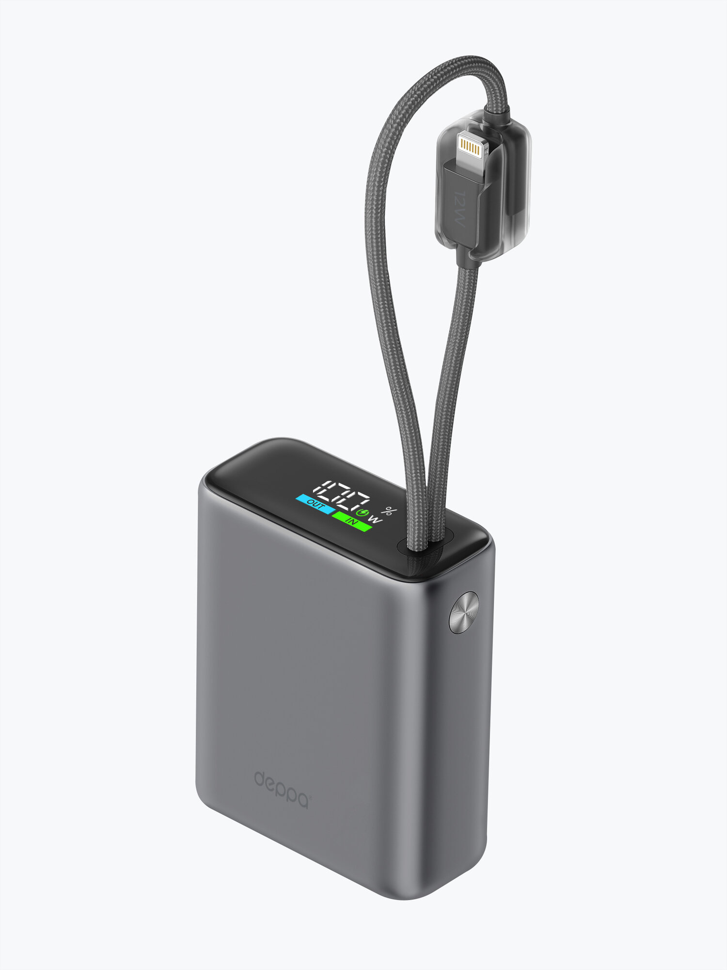 Внешний аккумулятор NRG Turbo 10000 мА-ч (38,5 Вт-ч), 35Вт вых, USB-C / Lightning кабели, цветной дисплей, серый, Deppa