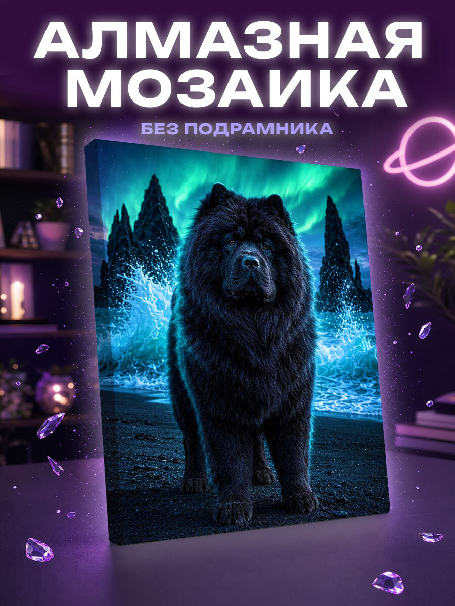 Алмазная мозаика Чёрный чау-чау у океана