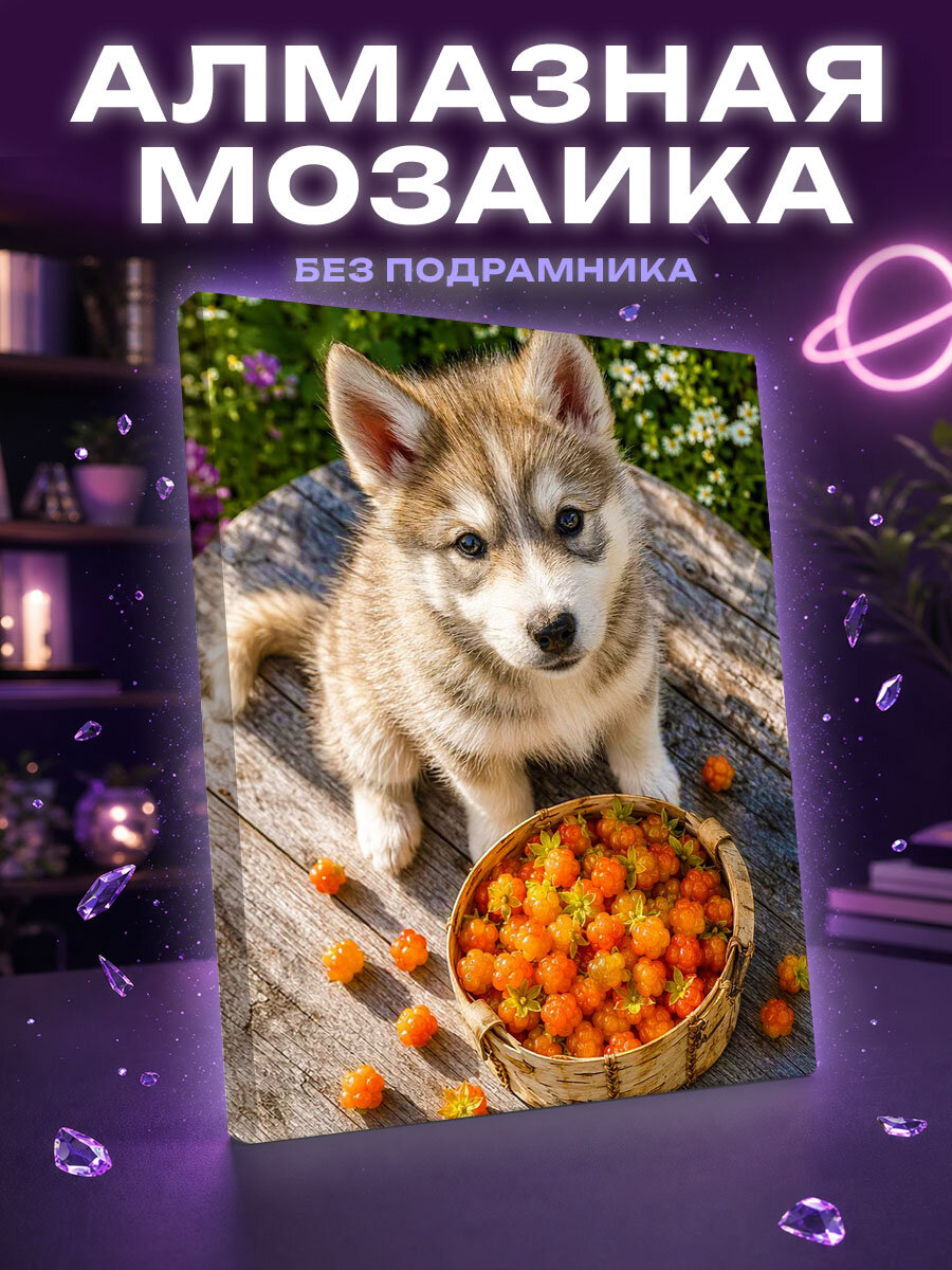 Алмазная мозаика Щенок лайки на веранде у короба морошки