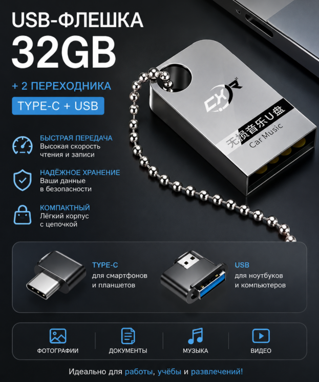 Автомобильный металлический USB-Пустой диск, 32 ГБ/64 ГБ, пустой, с разъемами Type-C и Android.