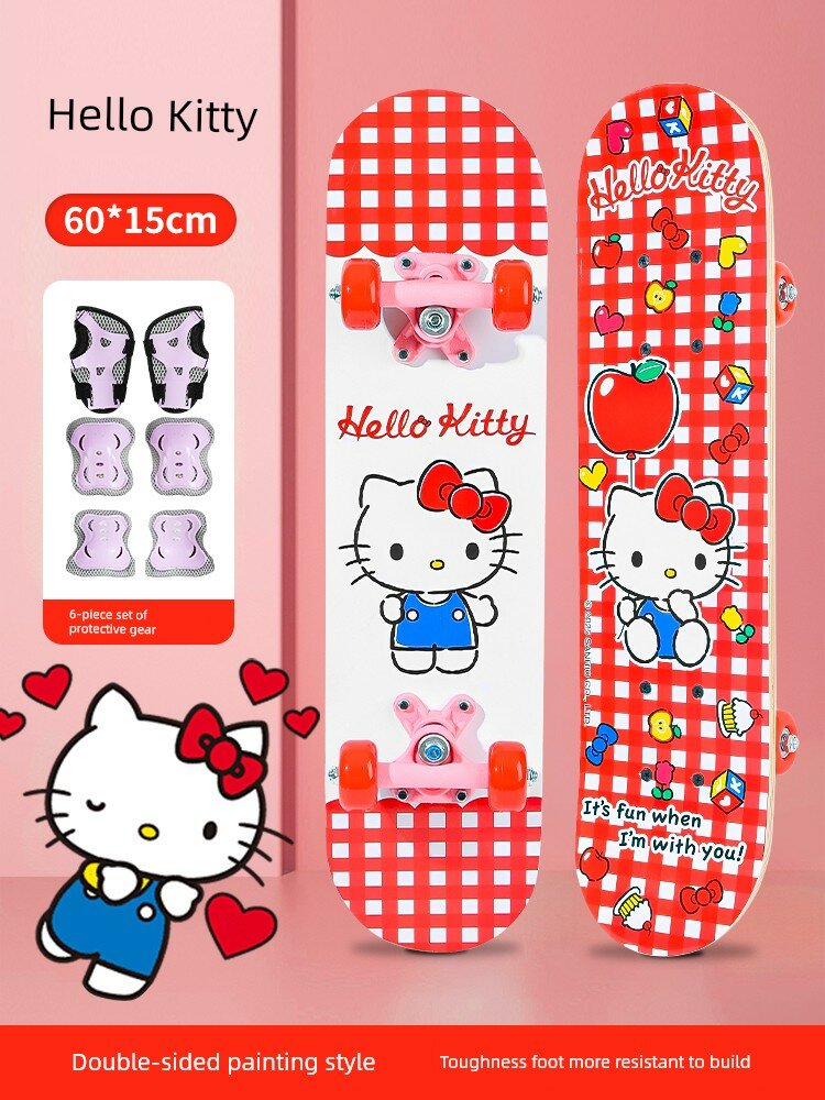24-дюймовый детский самокат Hello Kitty с защитным комплектом для девочек 6-12 лет, 4-колесный начальный самокат