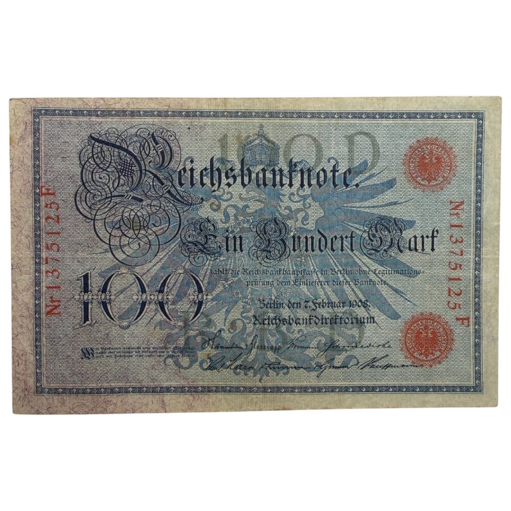 Германская империя (Германия) 100 марок 1908 г. (Красные печати) (Литера D) (Серия F) (29 мм.)