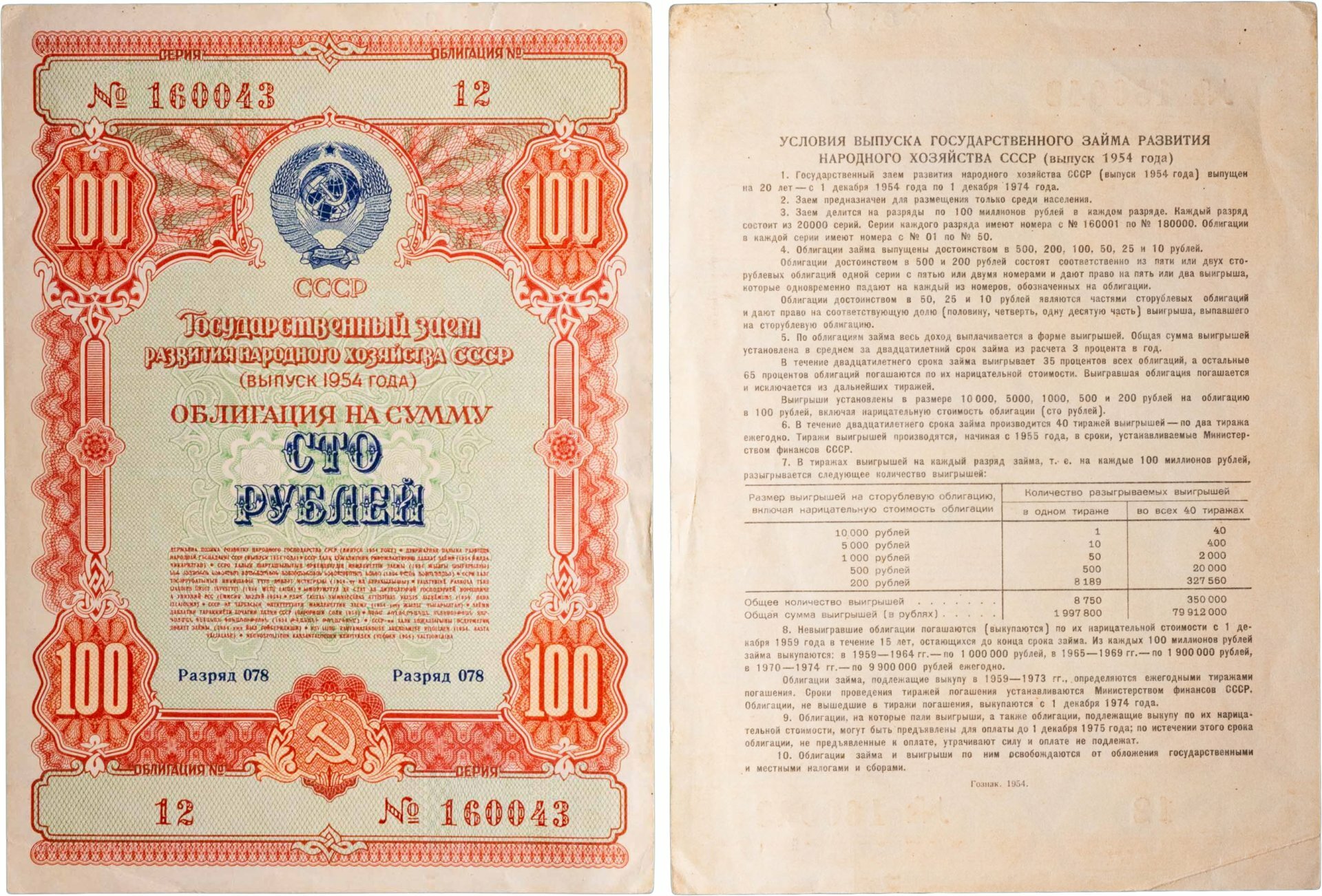 Облигация 100 рублей 1954 Государственный заем развития народного хозяйства СССР