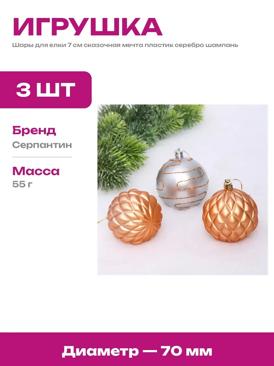 Набор елочных шаров 3 шт 7 см серебристые пластиковые