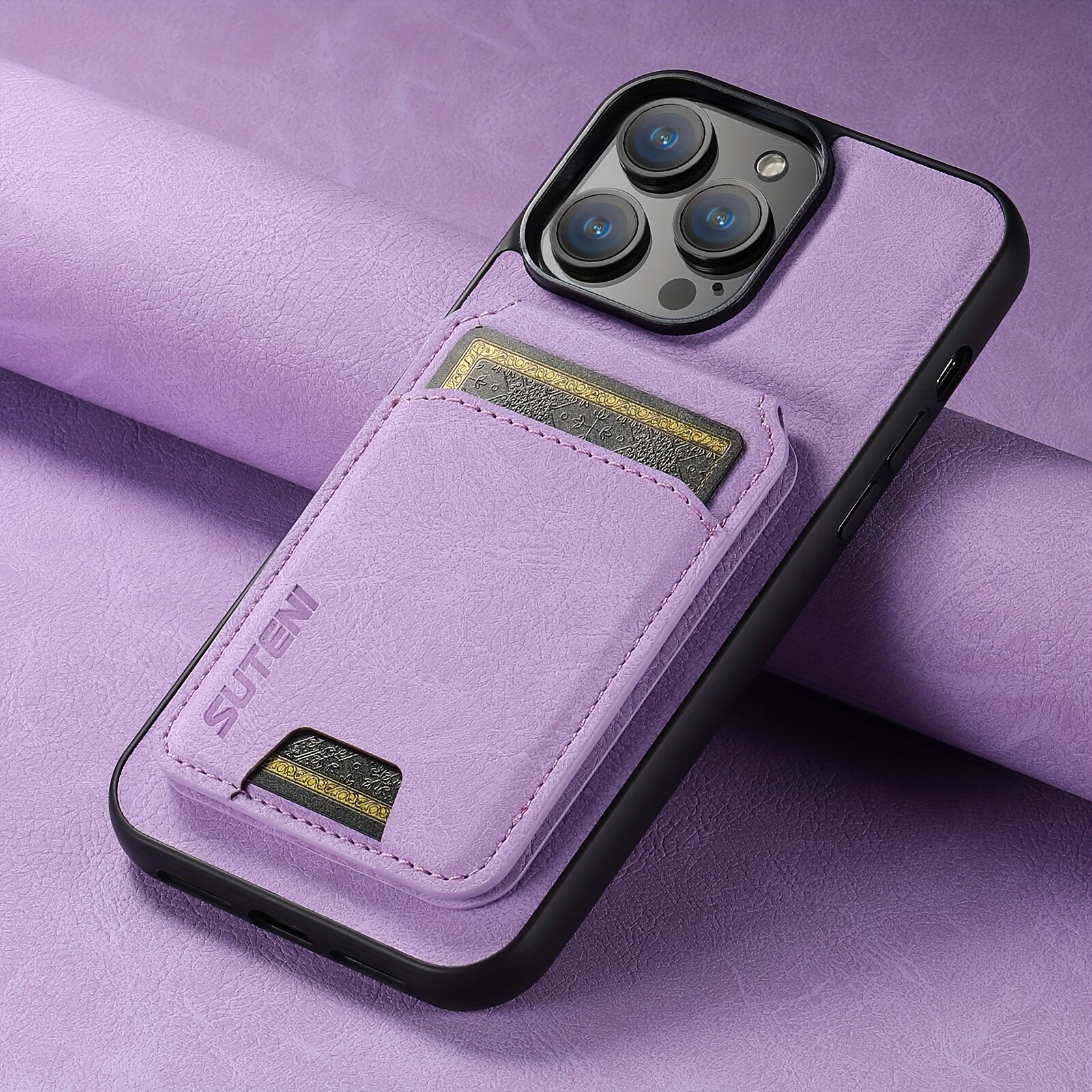 Чехол-накладка для iPhone 12 с рисунком "Личи", фиолетовый, из кожзаменителя с отделением для карт