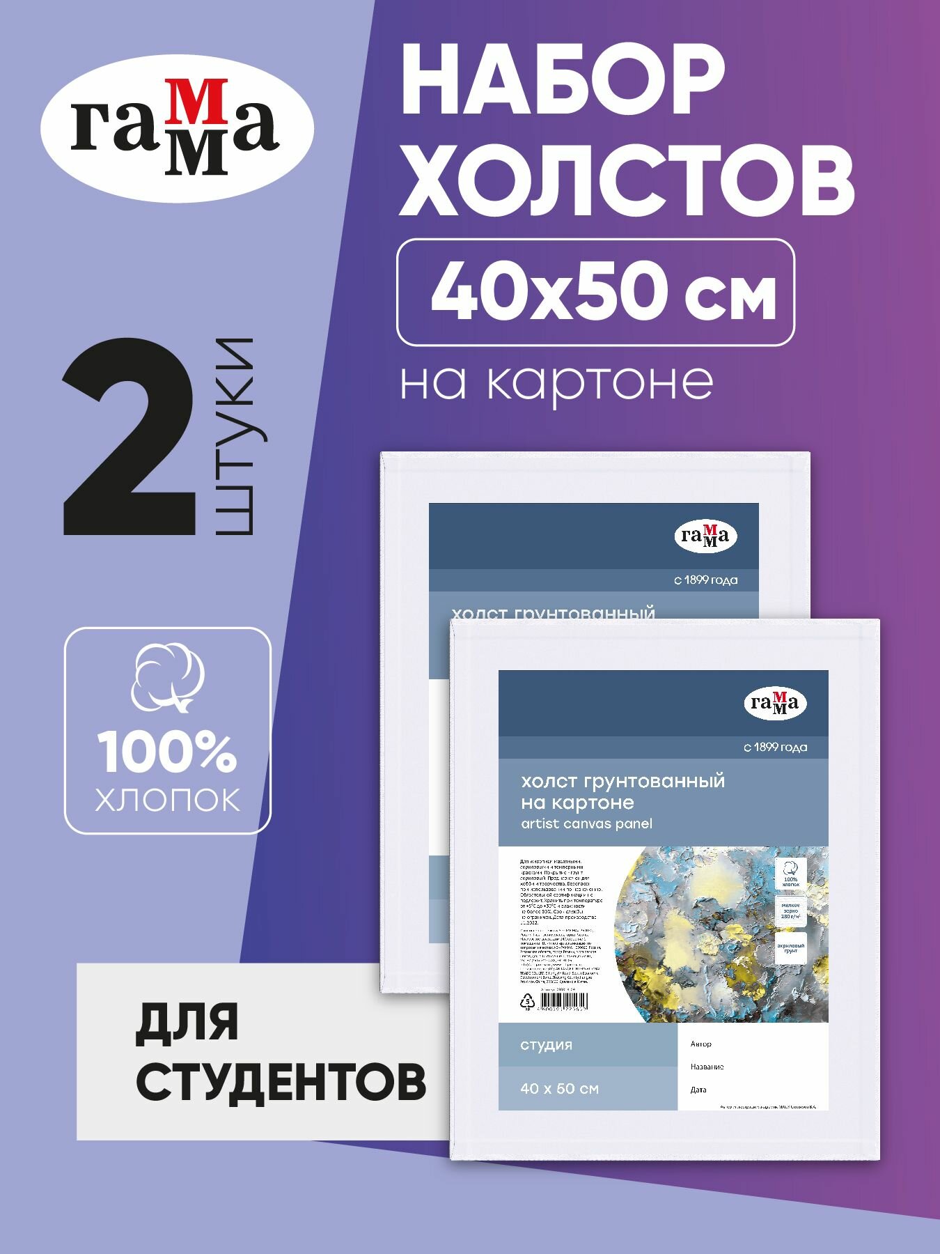 Холст на картоне 40х50 см, 100% хлопок, грунтованный, 2 штуки для рисования 40x50