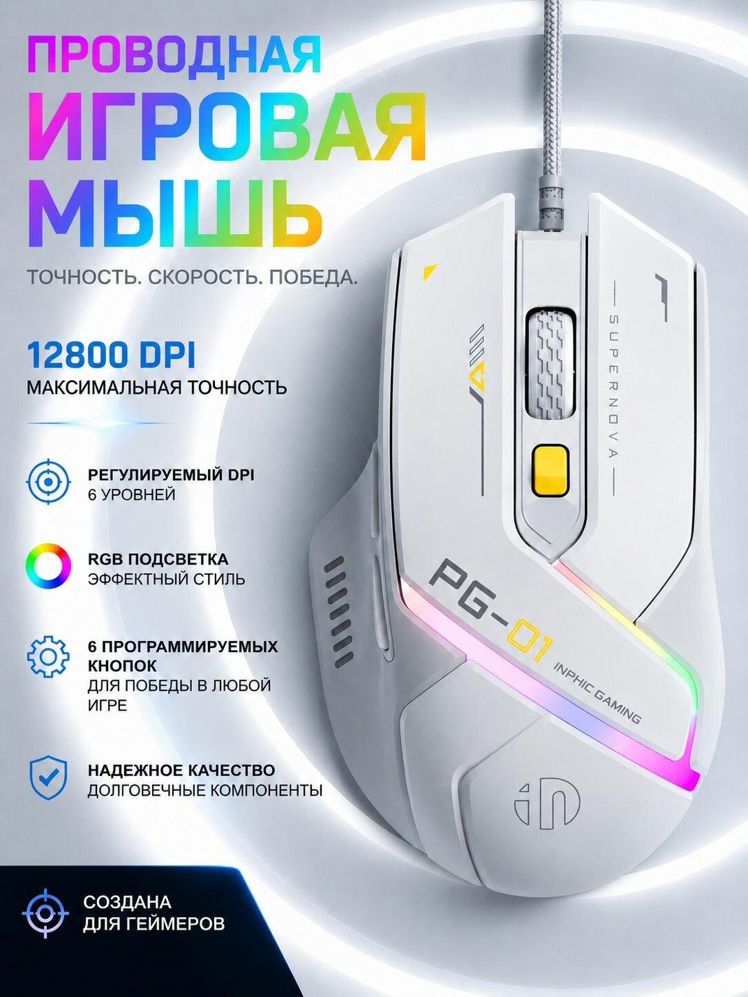 Игровая мышь проводная Проводная игровая компьютерная бесшумная мышь для ноутбука с подсветкой， Inphic PG1, белый