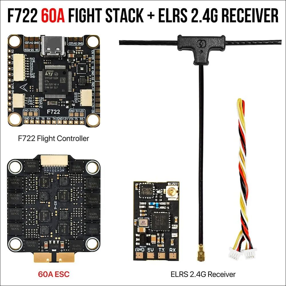 9IMOD F722 Flight Stack - Полетный контроллер с ESC 60A для гоночных RC систем+Приемник 2.4G