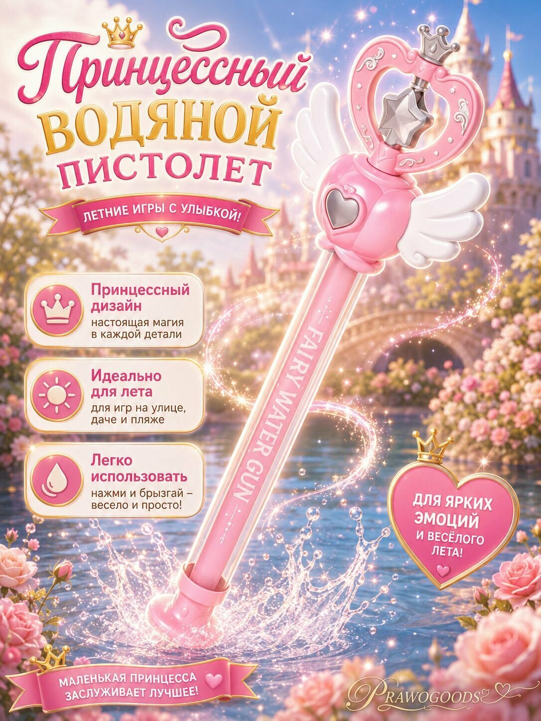 Водный пистолет волшебная палочка / Детский водяной пистолет в виде волшебной палочки, ручная помпа, 4767 см, розовый/фиолетовый