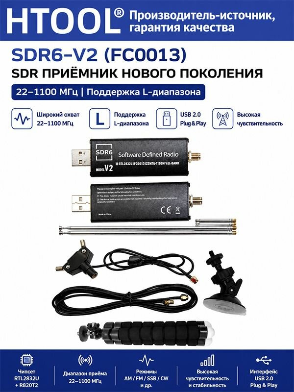 RTL-SDR USB приёмник DVB-T с RTL2832U FC0013 22-1100 МГц, SDR радиосканер комплект с двумя SMA антеннами