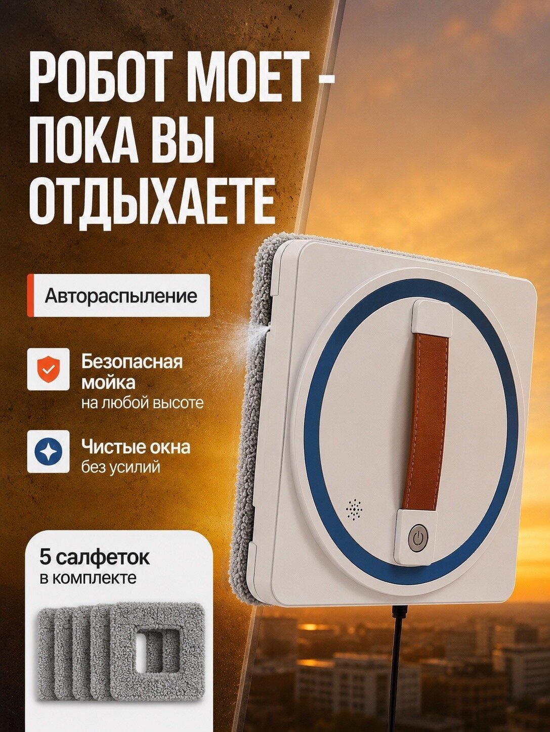 Робот-мойщик окон, белый, с голосовым управлением, защита от падения