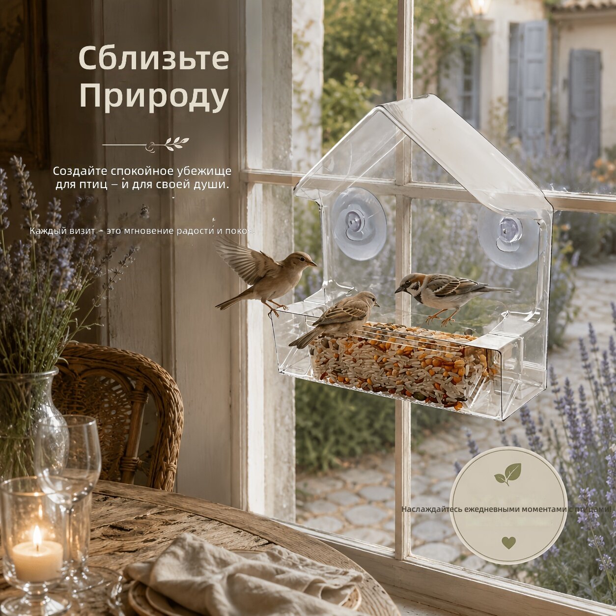 Кормушка для птиц на окно прозрачная с 2 присосками и съемным лотком, 1 шт.
