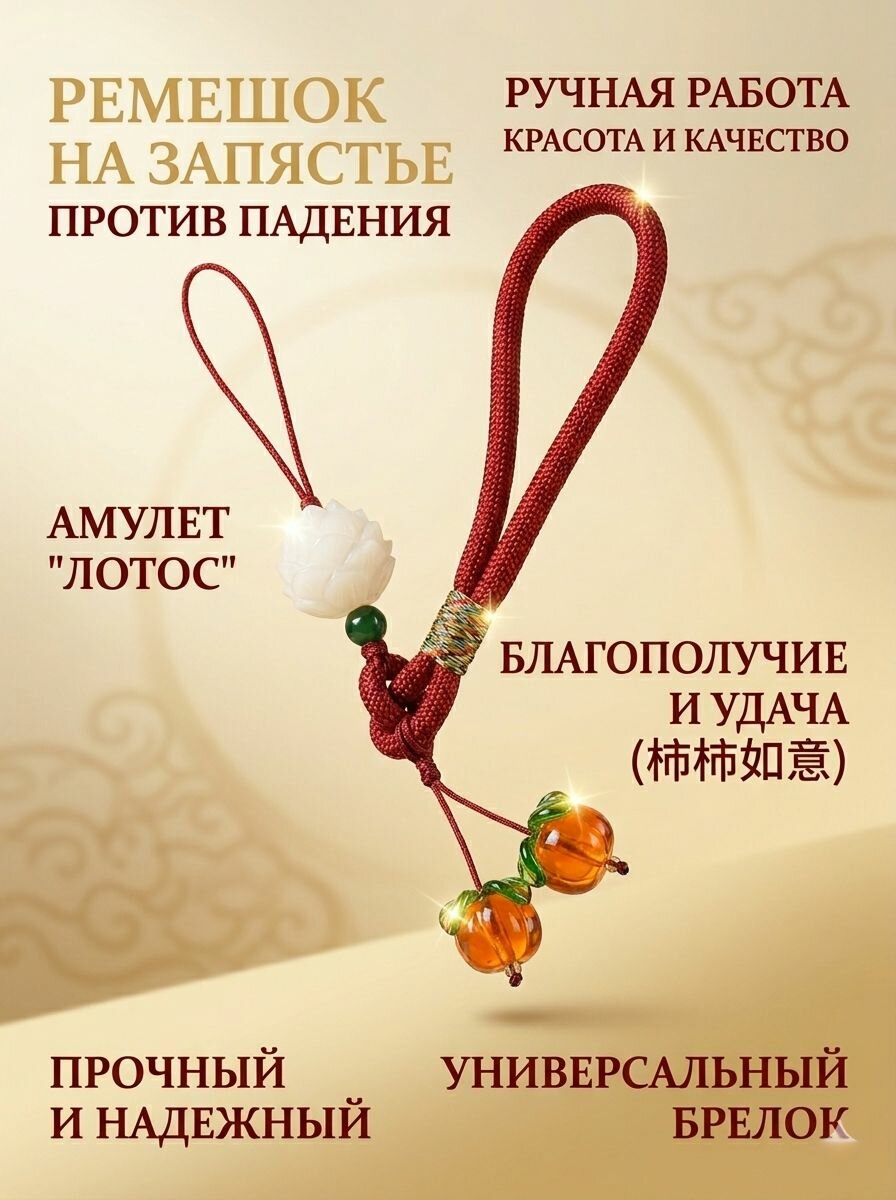 Браслет-шнурок для запястья, брелок для ключей и телефона, подвеска из стекла в виде хурмы и лотоса, аксессуар с пожеланием удачи, мужской и женский подарок