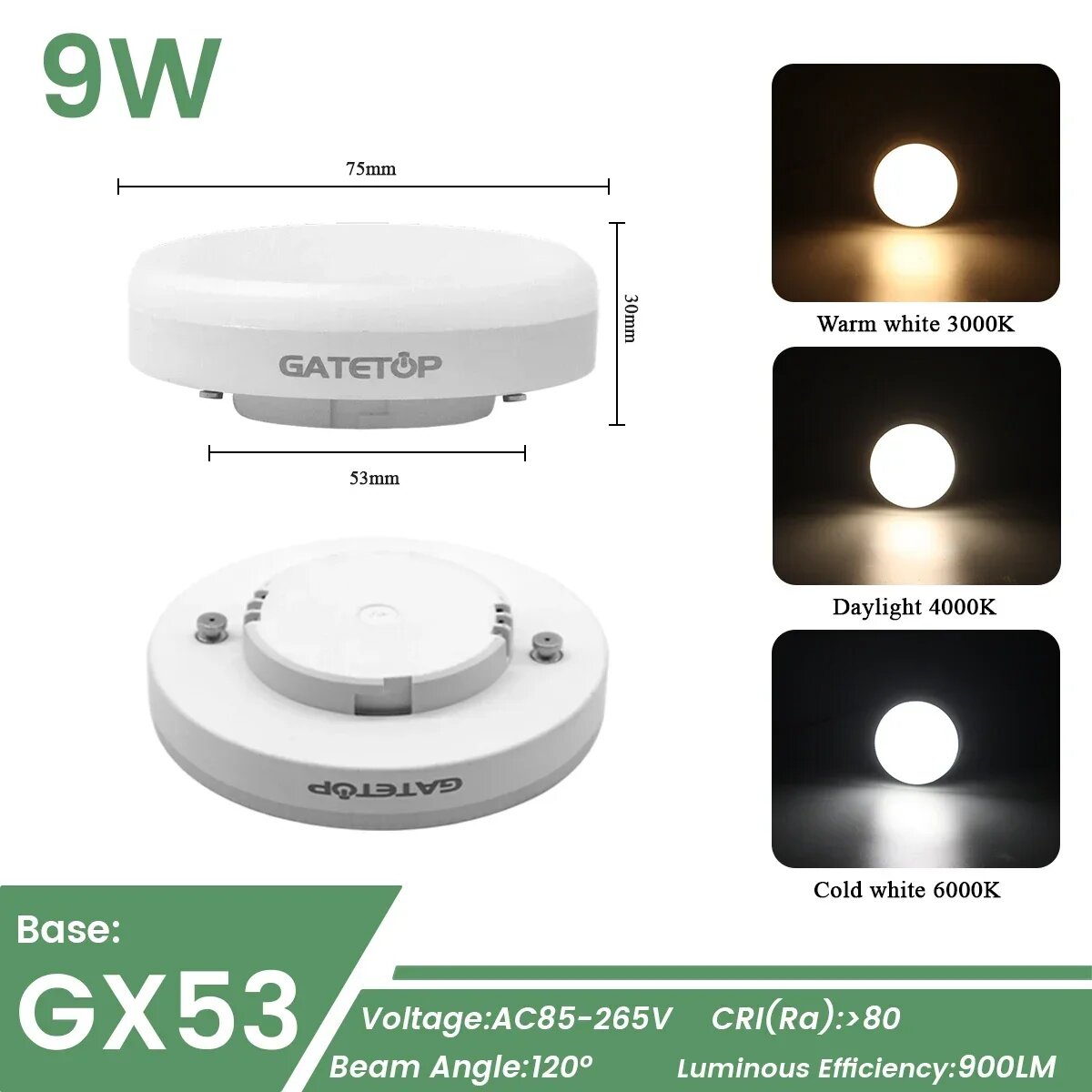Gatetop LED GX53 9W, 6000K, AC85-265V