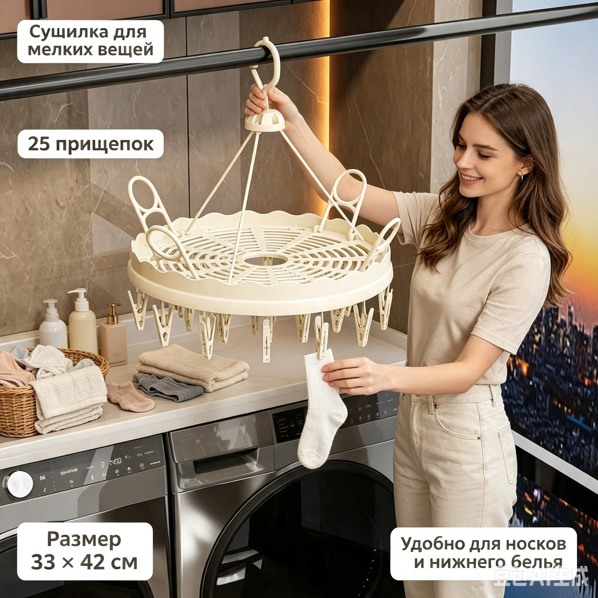Бытовая многофункциональная вешалка, 25 прищепок, кремовый цвет, 33*42 см