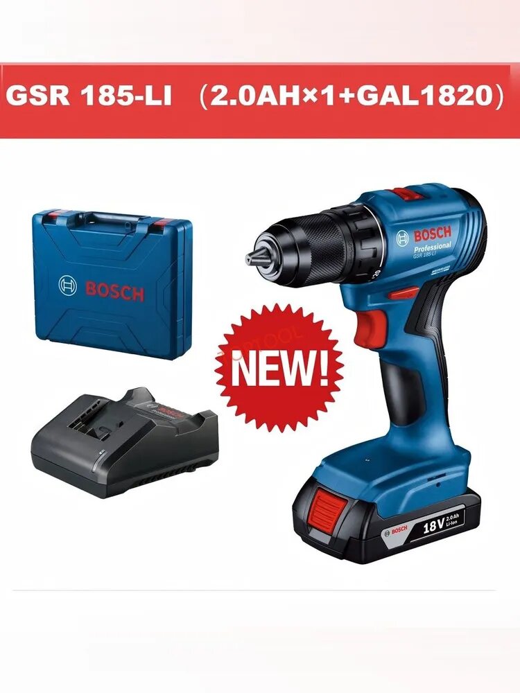Дрель-шуруповерт Bosch GSR 185-LI , От аккумулятора, 18 В, Бесщеточный,50 Нм, 1*2.0AH , С инструментами.